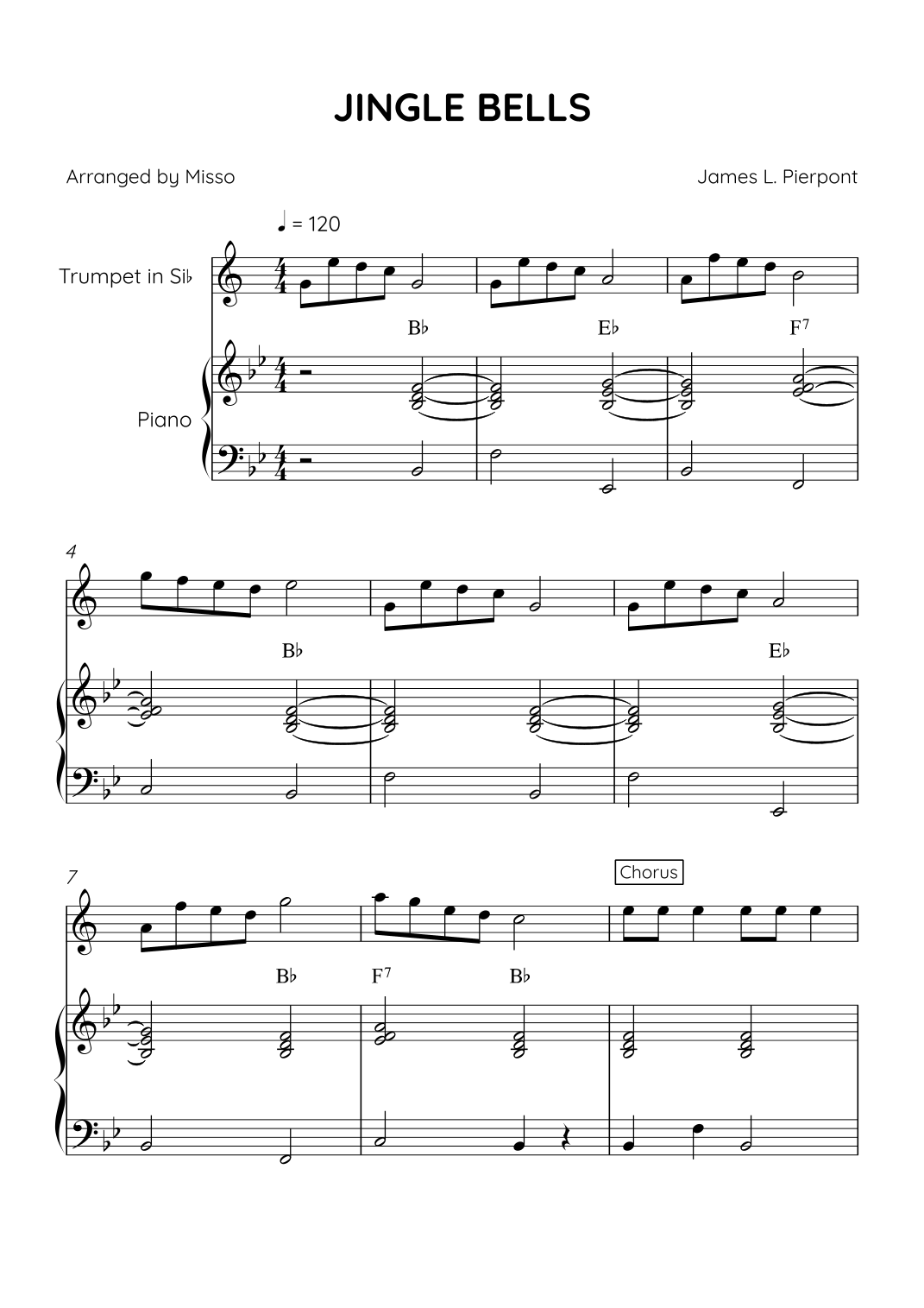 Jingle Bells - Trumpet & Piano in Bb Major (Easy With Chords) (arr. MissoRB) by James L ...