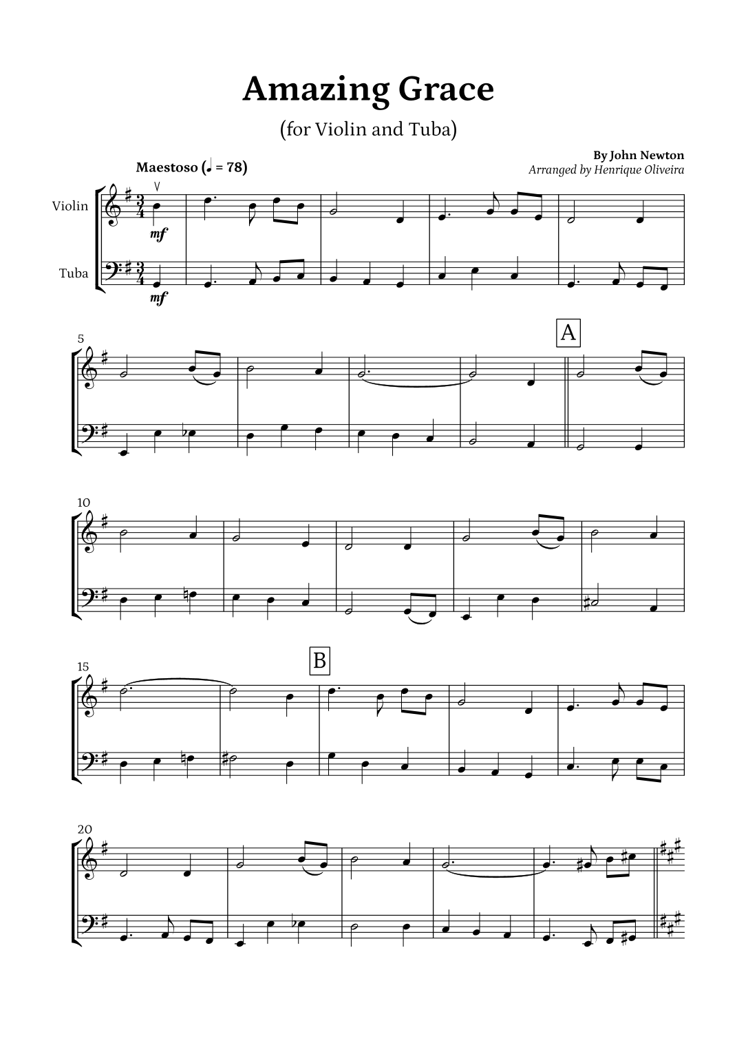 Amazing Grace (Violin and Tuba) - Beginner Level (arr. Henrique ...
