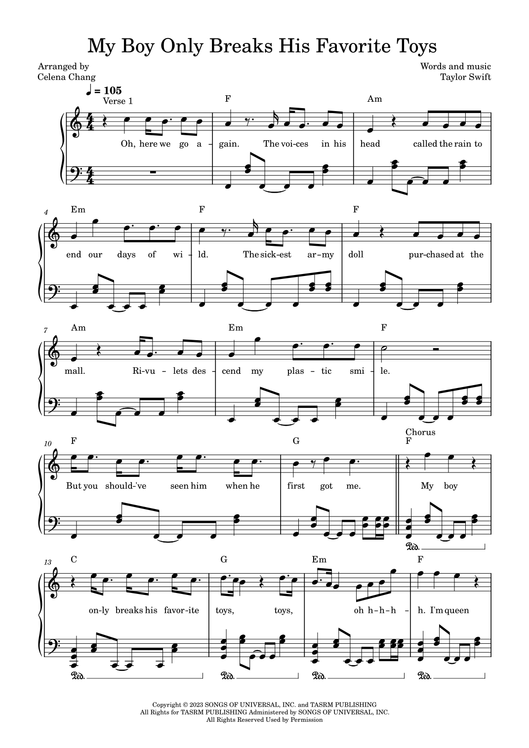 My Boy Only Breaks His Favorite Toys (arr. Celena Chang) by Taylor ...