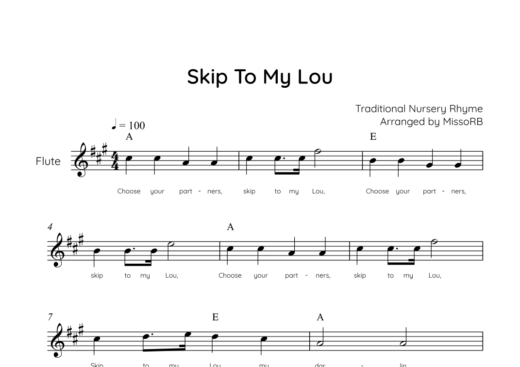 Skip To My Lou - Flute in A With Chords & Lyric - Easy by Traditional ...