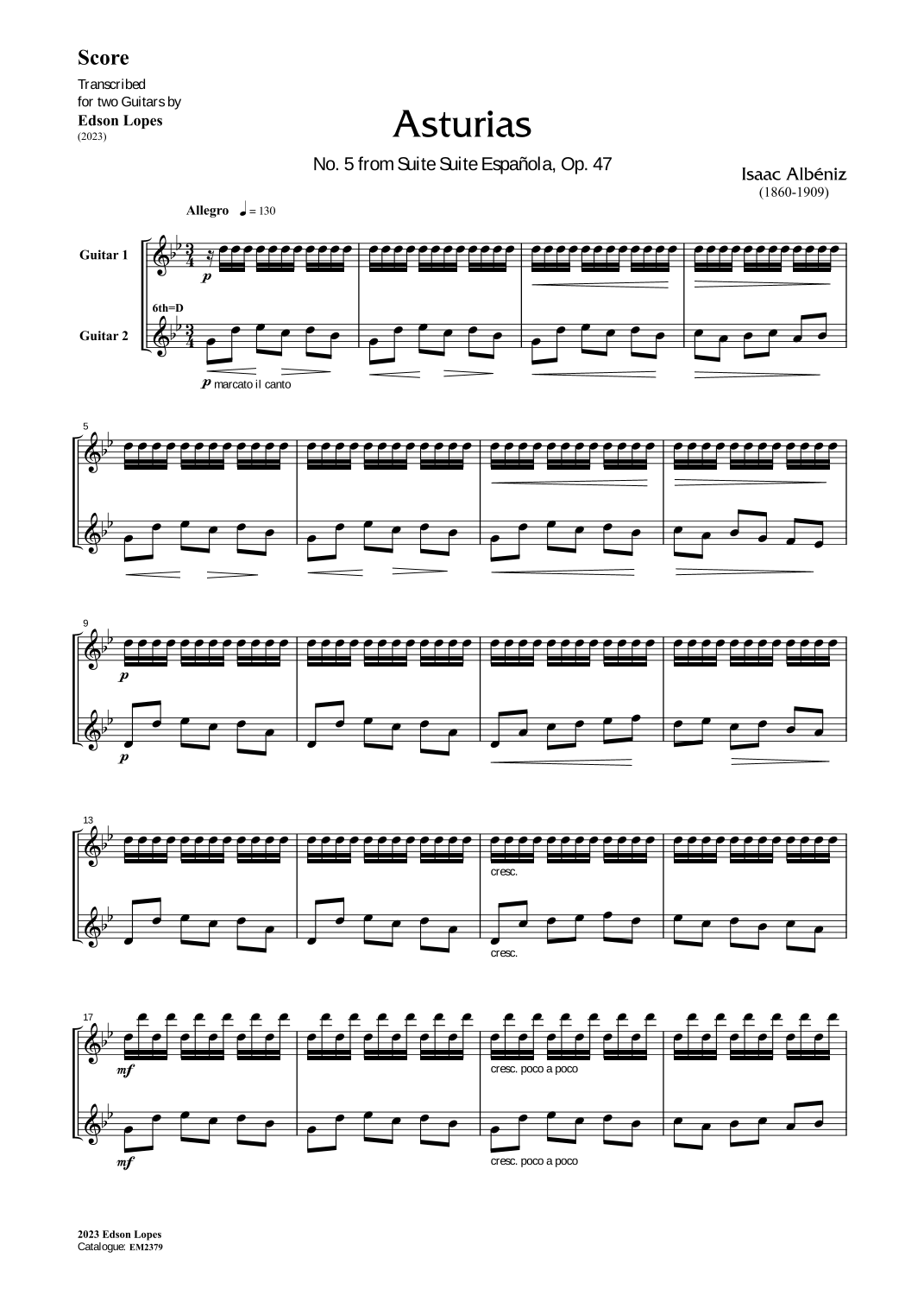 Asturias (Guitar Duet) (arr. Edson Lopes) by Isaac Albéniz Sheet Music ...