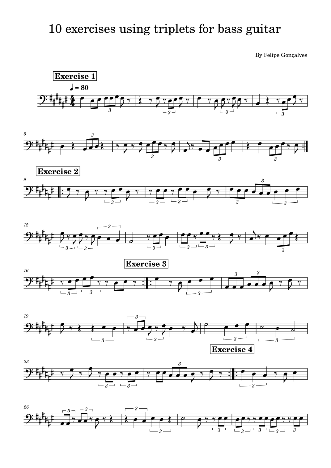 10 exercises using triplets for bass guitar in the key of F# major / D# ...