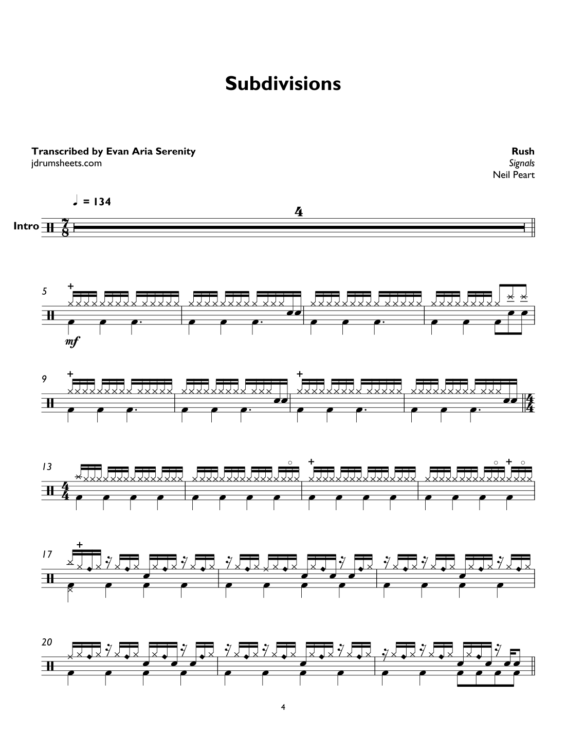 Subdivisions (arr. Evan Aria Serenity) by Rush Sheet Music for Drums at ...