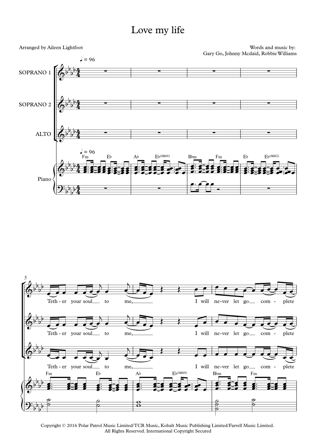 Love My Life (arr. Aileen Lightfoot) by Robbie Williams Sheet Music for ...