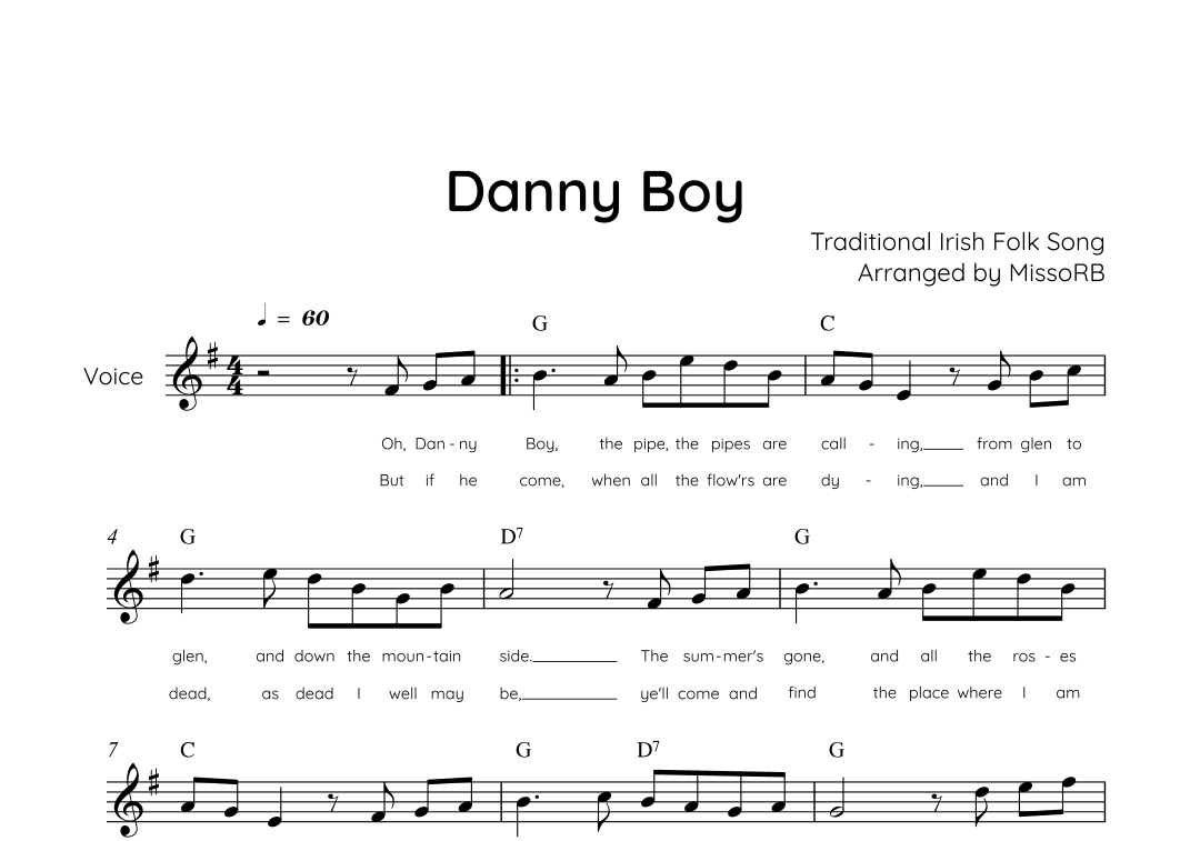 Danny Boy - Voice in G With Chords & Lyric Lead Sheet - Easy (arr ...