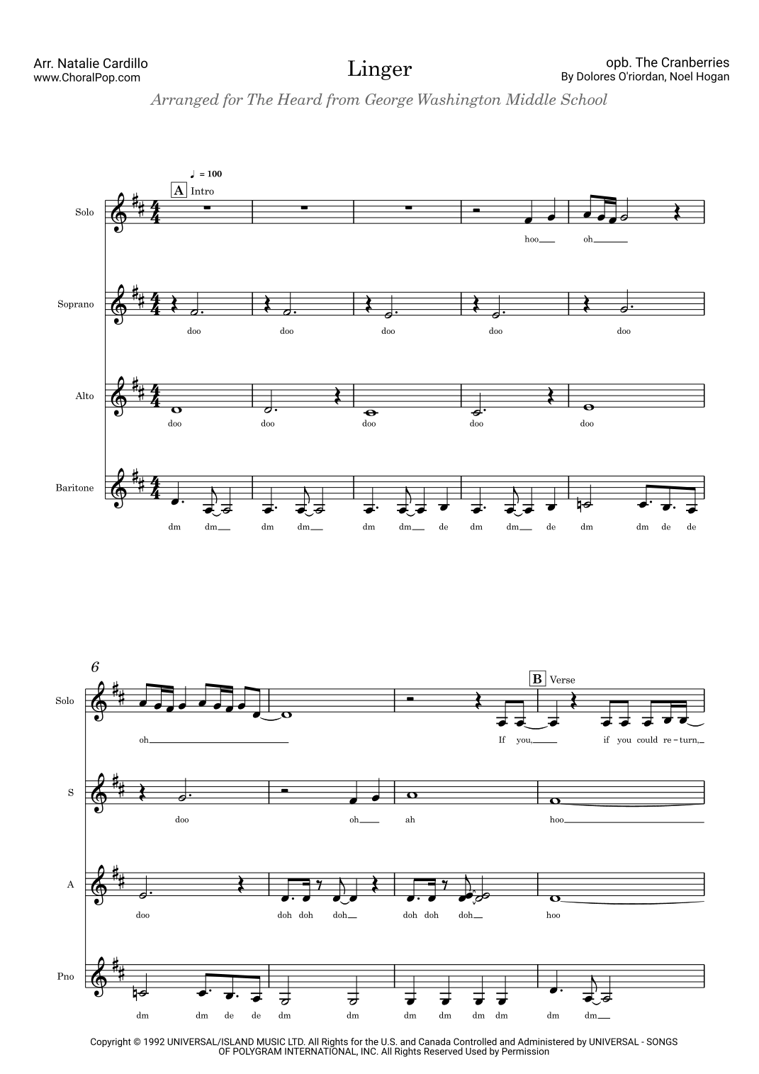 Linger (arr. Natalie Cardillo) by The Cranberries Sheet Music for SAB ...