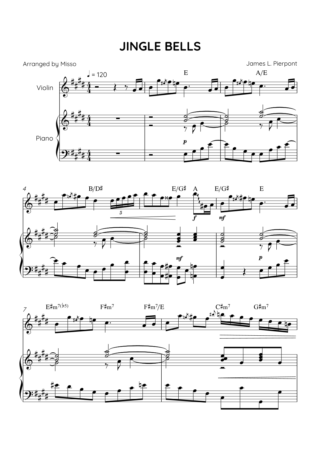 Jingle Bells - Violin & Piano in E Major (Advanced With Chords) (arr. MissoRB) por James L ...