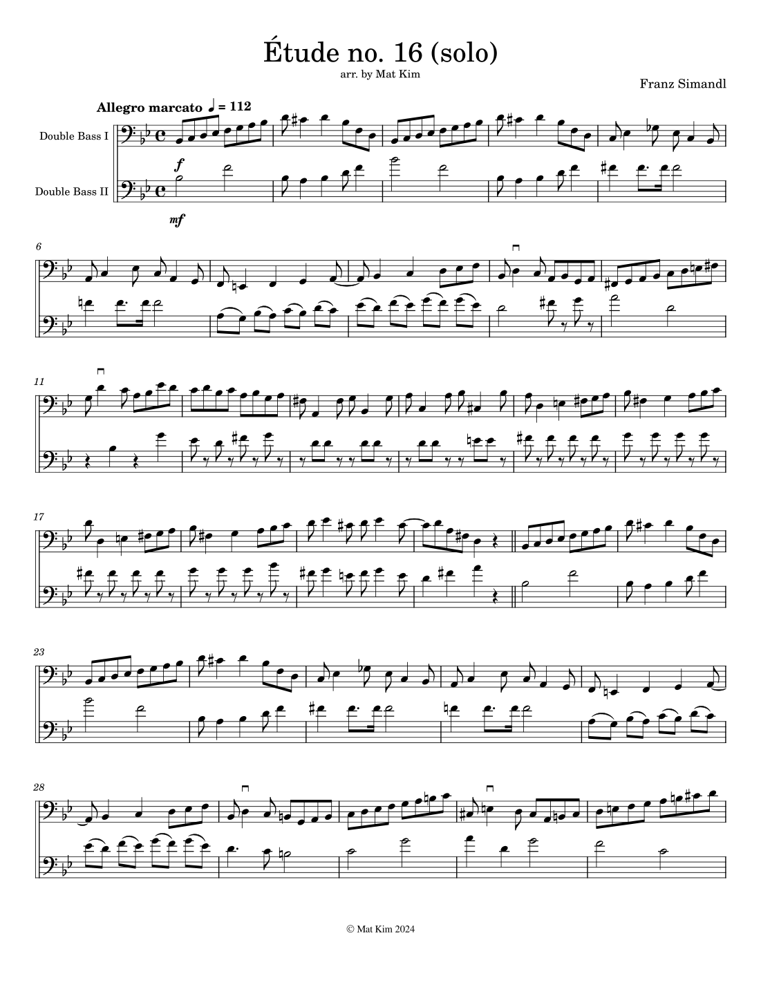 Franz Simandl Étude no. 16 in Bb major (Allegro marcato) for Two Double ...