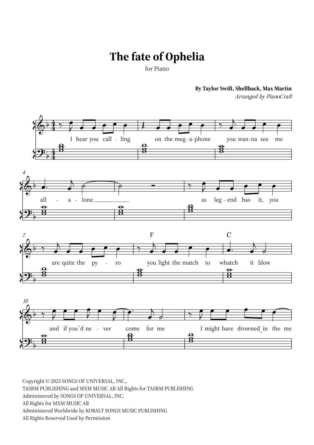 The Fate Of Ophelia (arr. Pianocraft) by Taylor Swift Sheet Music for ...