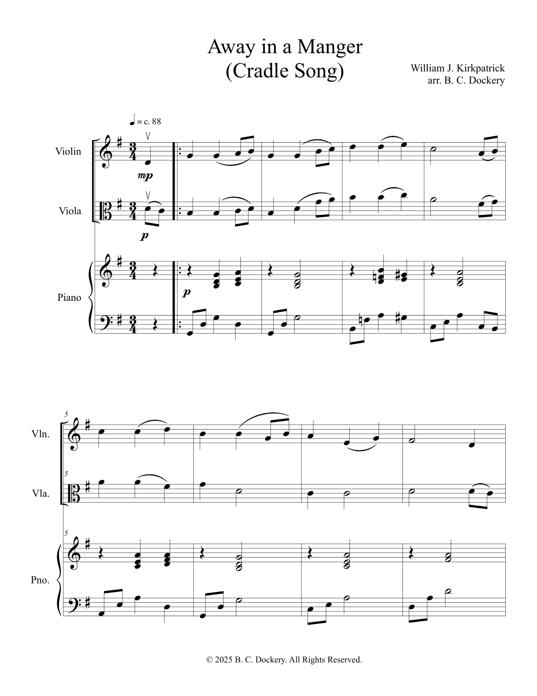 Away in a Manger (Cradle Song) for Violin and Viola Duet with Piano ...