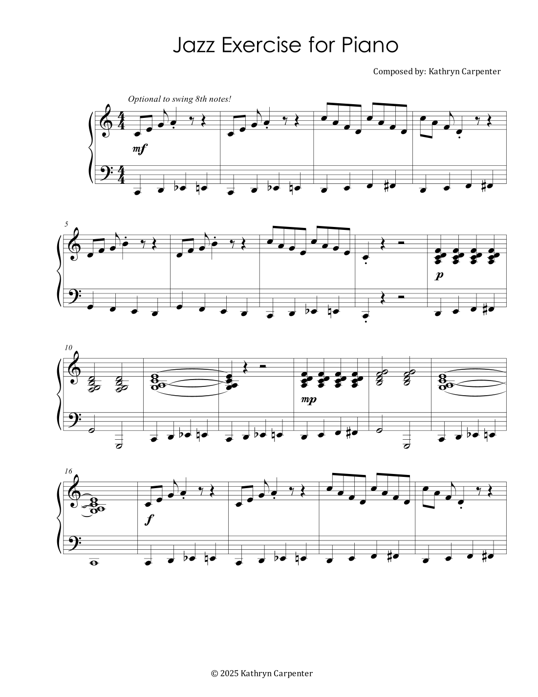 Jazz Piano Exercise (Intermediate Piano) by Kathryn Carpenter Sheet ...