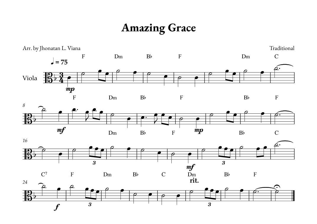 Amazing Grace (arr. Jhonatan Lucio Viana) by Traditional Sheet Music ...