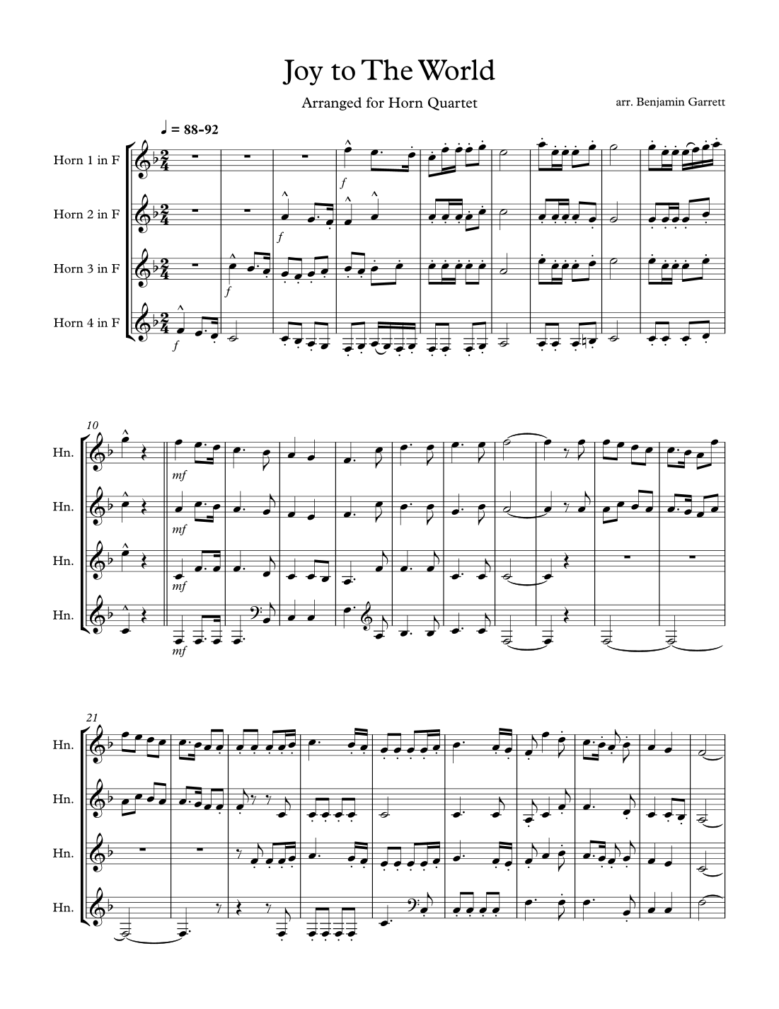 Joy to the World arr. for Horn Quartet (arr. Benjamin C Garrett) by ...