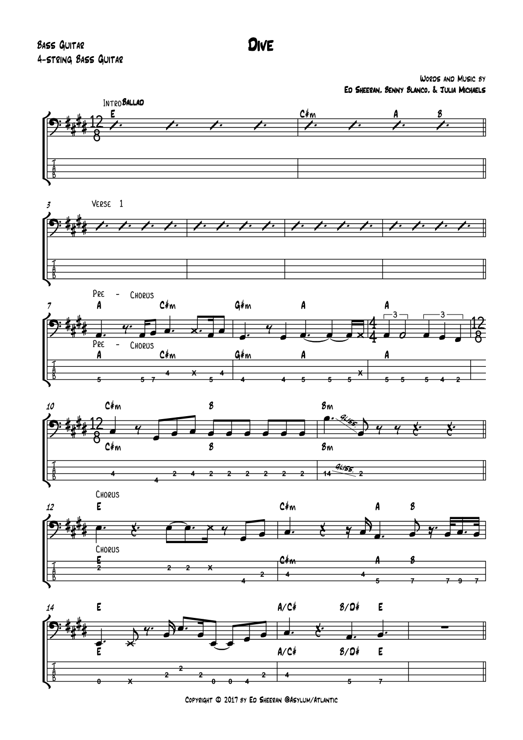 Dive (arr. D.J. Henson) by Ed Sheeran Sheet Music for Bass Guitar Tab ...
