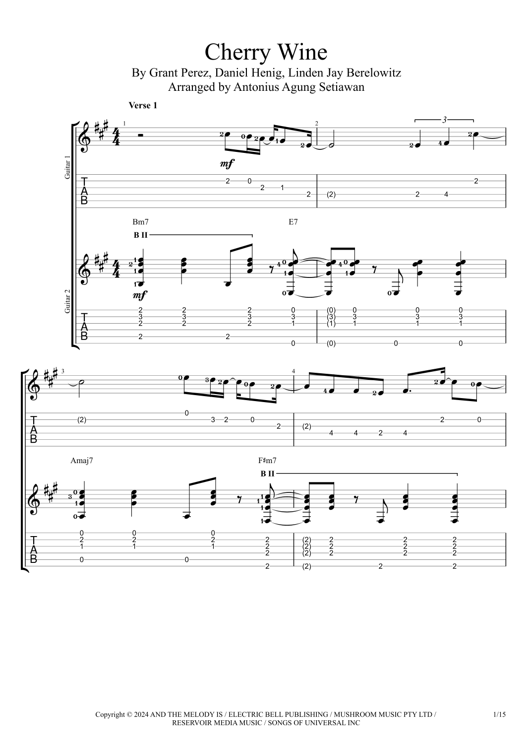 Cherry Wine (arr. Antonius Agung Setiawan) by Grentperez Sheet Music for Guitar Ensemble at ...