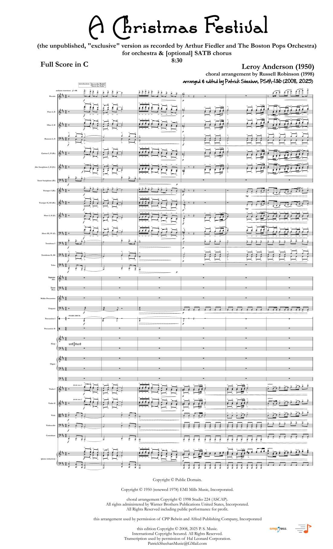 A Christmas Festival (Anderson), exclusive arrt. for orchestra & chorus ...