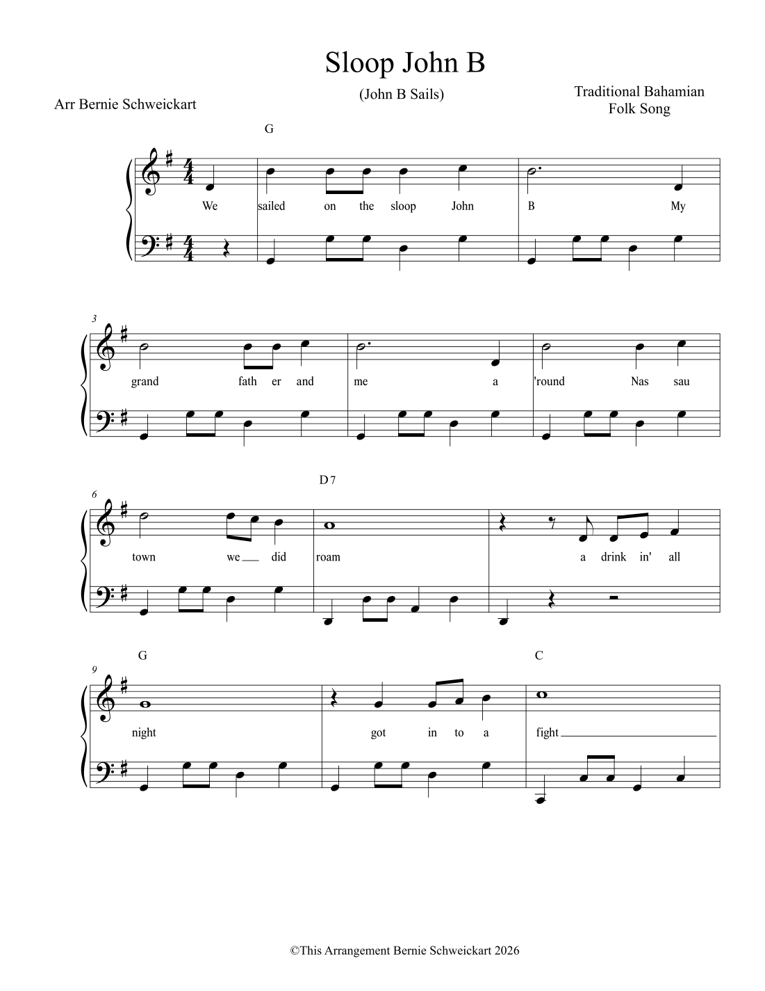 Sloop John B (John B Sails) (arr. Bernie Schweickart) by Various Sheet ...