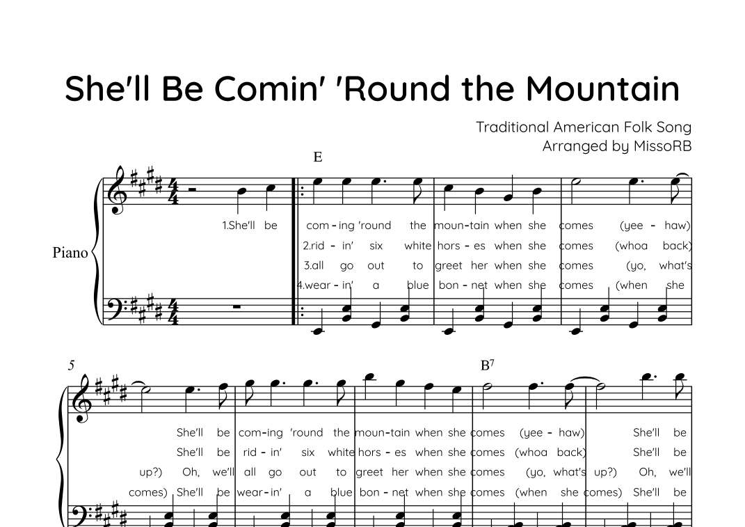 She'll Be Comin''Round the Mountain - Piano in E With Chords & Lyric ...