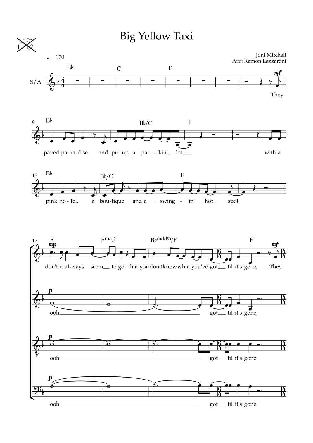 Big Yellow Taxi (arr. Ramón Lazzaroni) by Joni Mitchell Sheet Music for ...
