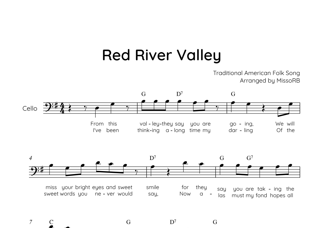 Red River Valley - Cello in G With Chords & Lyric - Easy (arr. MissoRB ...