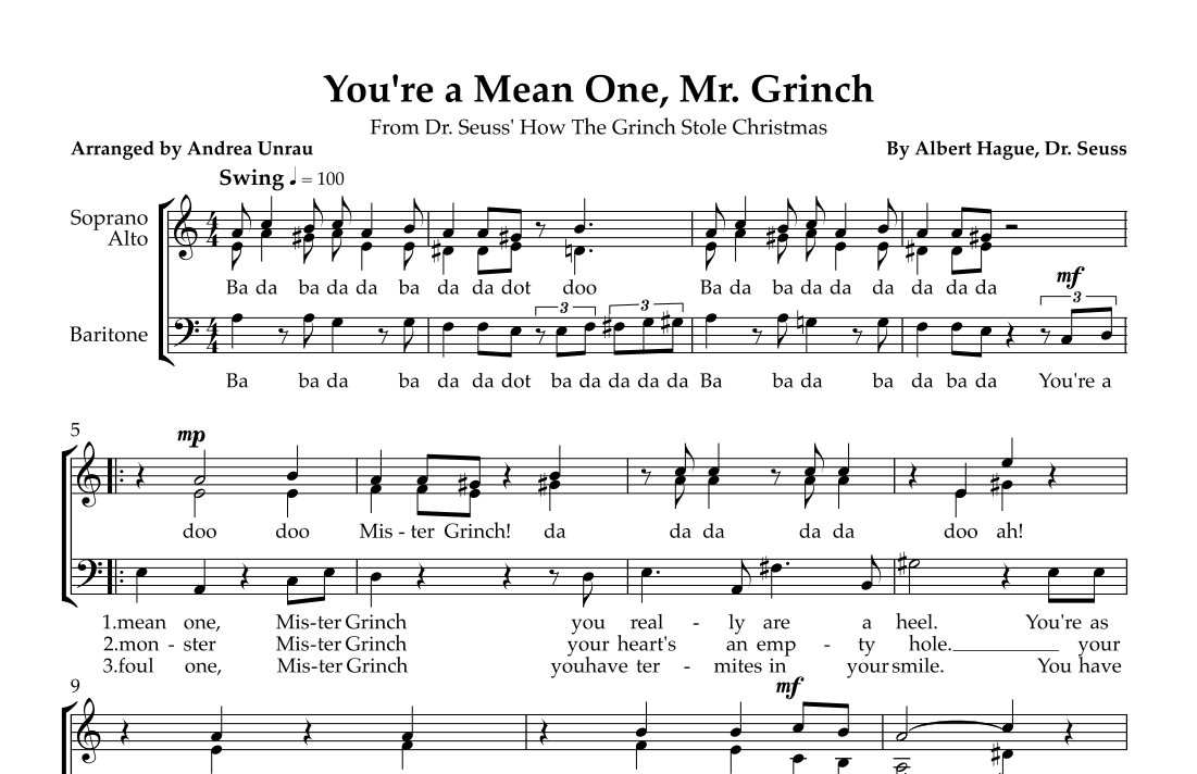You're A Mean One, Mr. Grinch (arr. Andrea Unrau) by Albert Hague Sheet ...