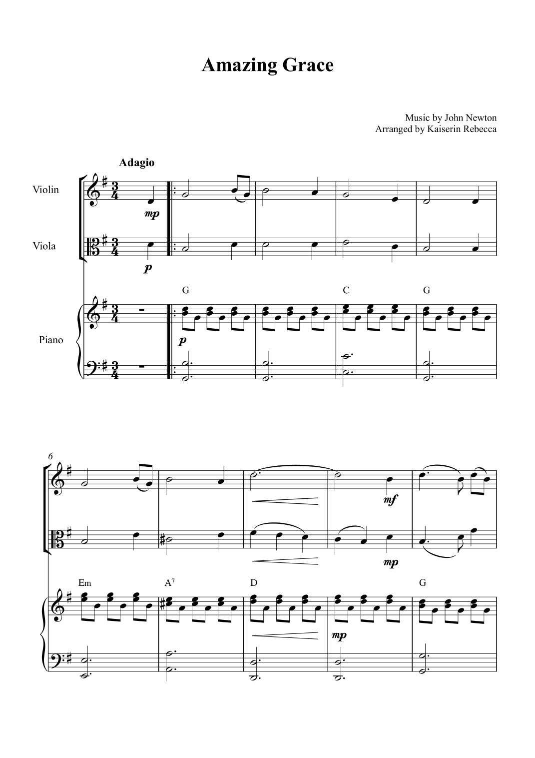 Amazing Grace (for violin and viola duet with piano accompaniment) (arr ...