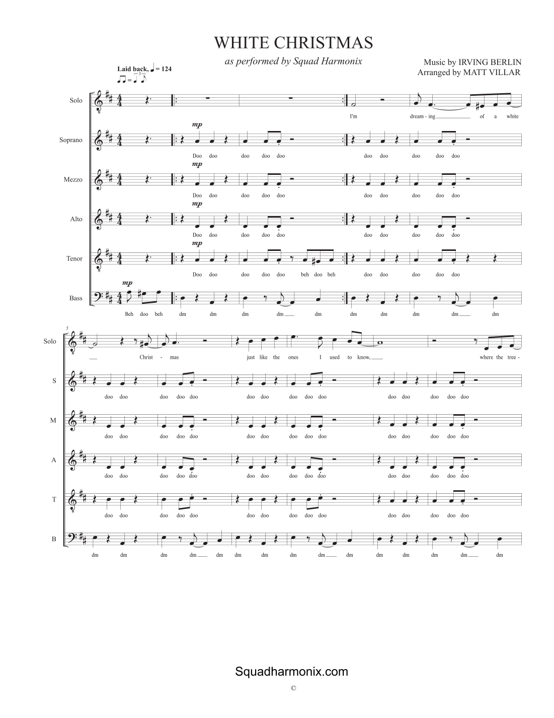 White Christmas (arr. Matt Villar) by Bing Crosby Sheet Music for 5 ...