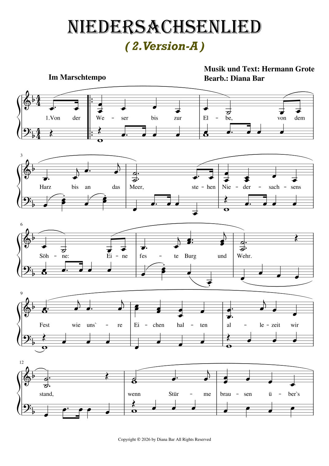 Niedersachsenlied (arr. Diana Bar) by Hermann Grote Sheet Music for ...