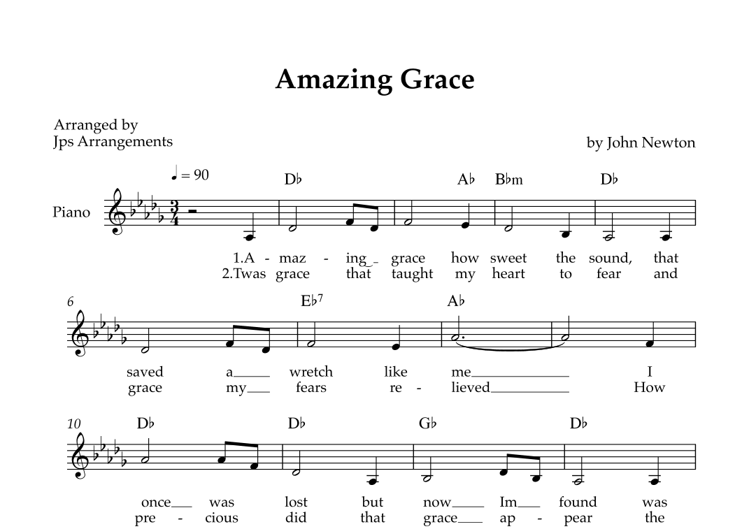 Amazing Grace - Easy Piano in Db Major (arr. Jps Arrangements by John ...