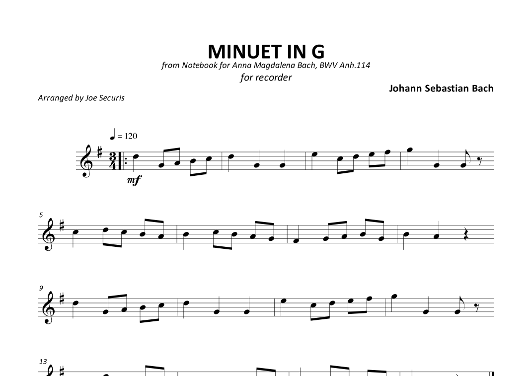 Minuet in G (arr. Joe Securis) von Johann Sebastian Bach Noten zum ...