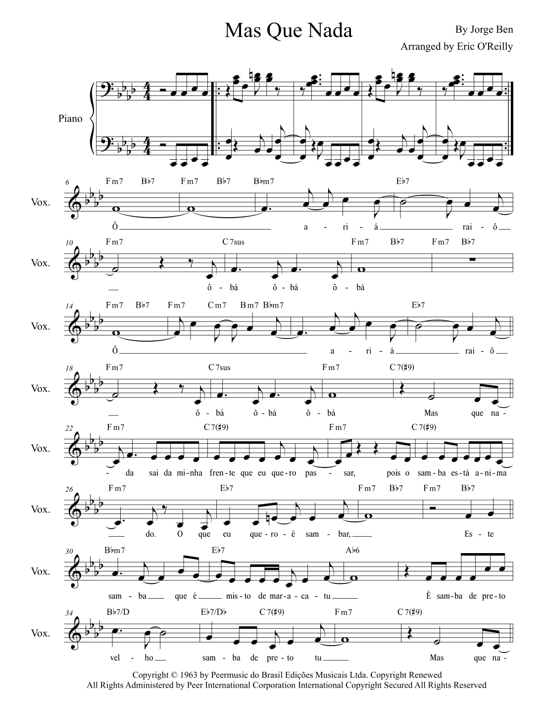 Mas Que Nada (arr. Eric O'Reilly) von Sergio Mendes Noten zum Klavier ...