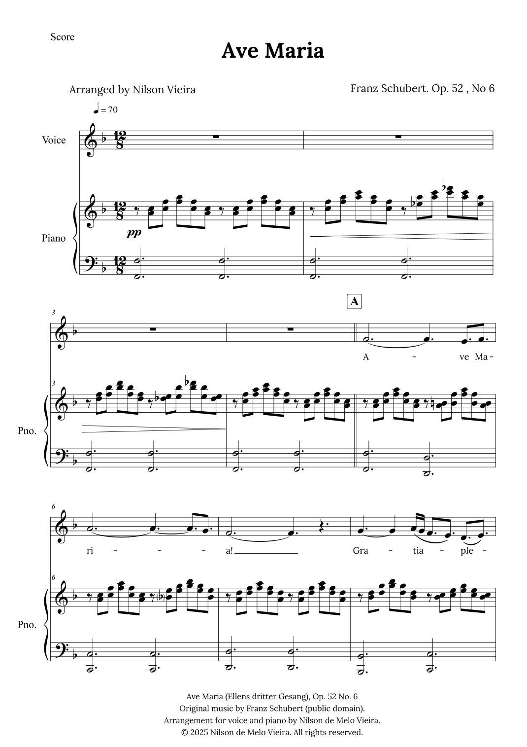 Ave Maria - Franz Schubert - Voice and Easy Piano (Key of F Major) (arr. Nilson de Melo Vieira ...