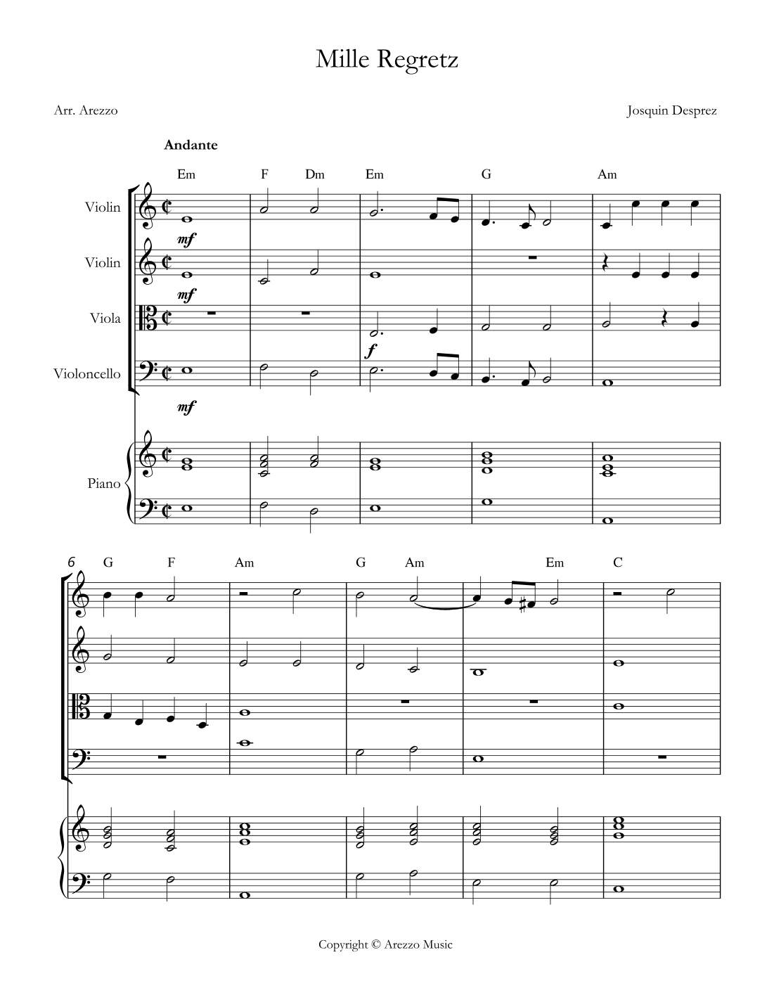 Josquin des Prez – Mille Regretz | String Quartet with Piano Sheet ...
