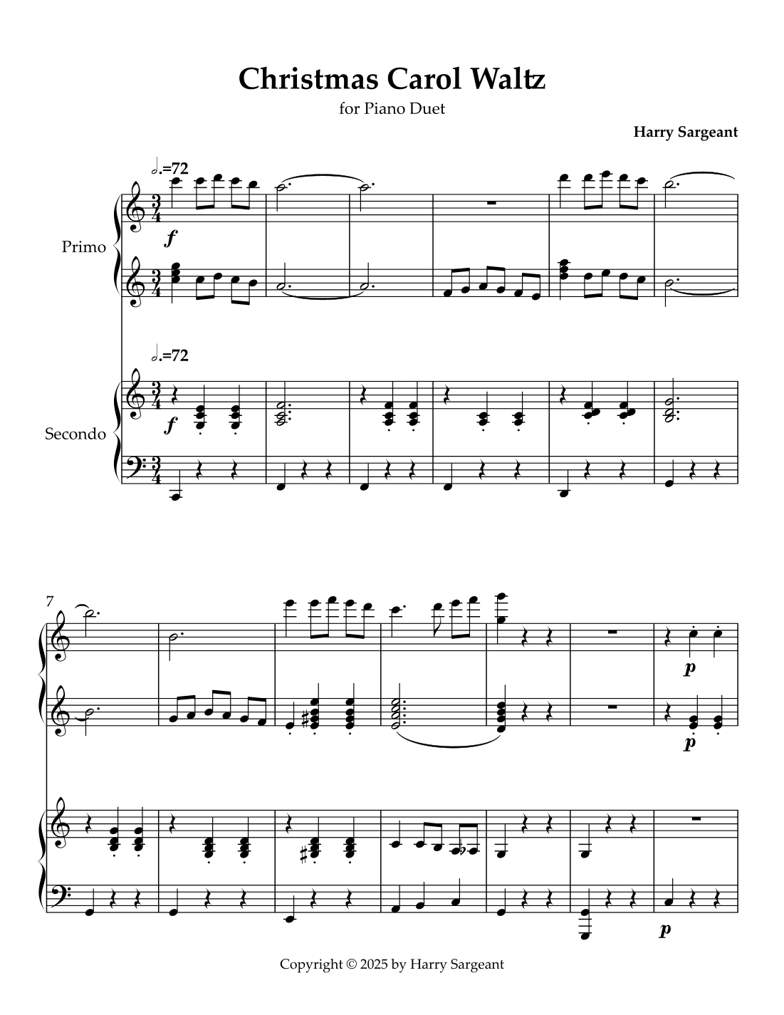 Christmas Carol Waltz by Harry Sargeant Sheet Music for Piano Duet at ...