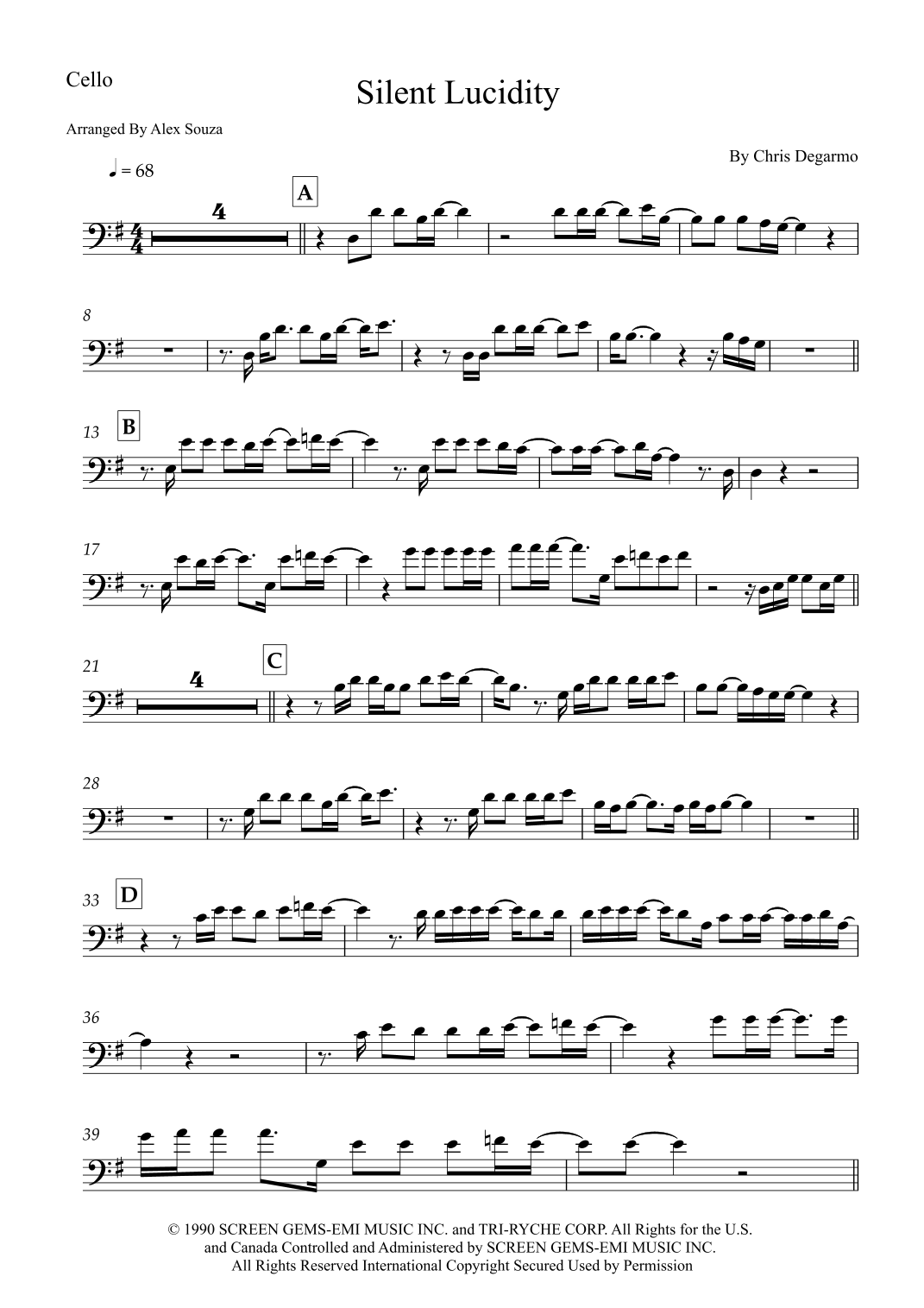 Silent Lucidity (arr. Alex Souza) by Queensryche Sheet Music for Cello ...