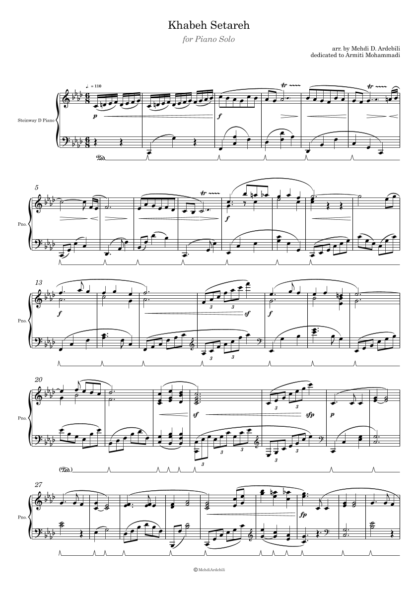 Khabeh Setareh - for Piano Solo (arr. Mehdi D. Ardebili) por Parvize ...