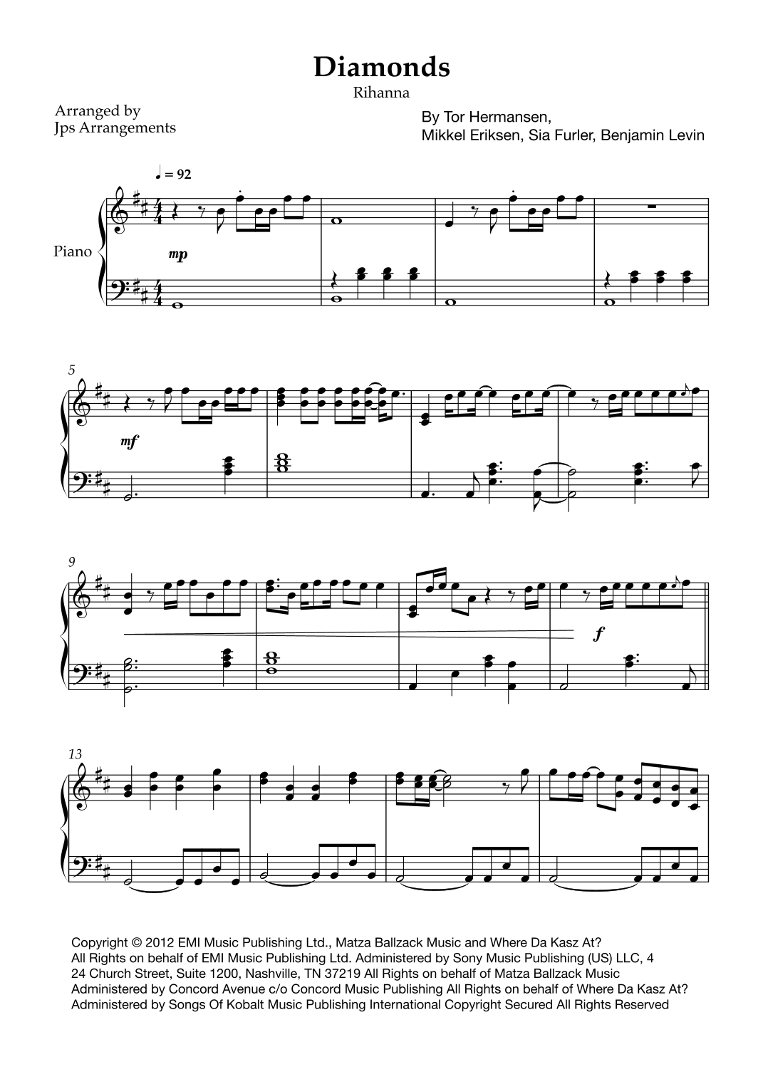 Diamonds (arr. Jps Arrangements) par Rihanna Partitions pour Piano solo ...