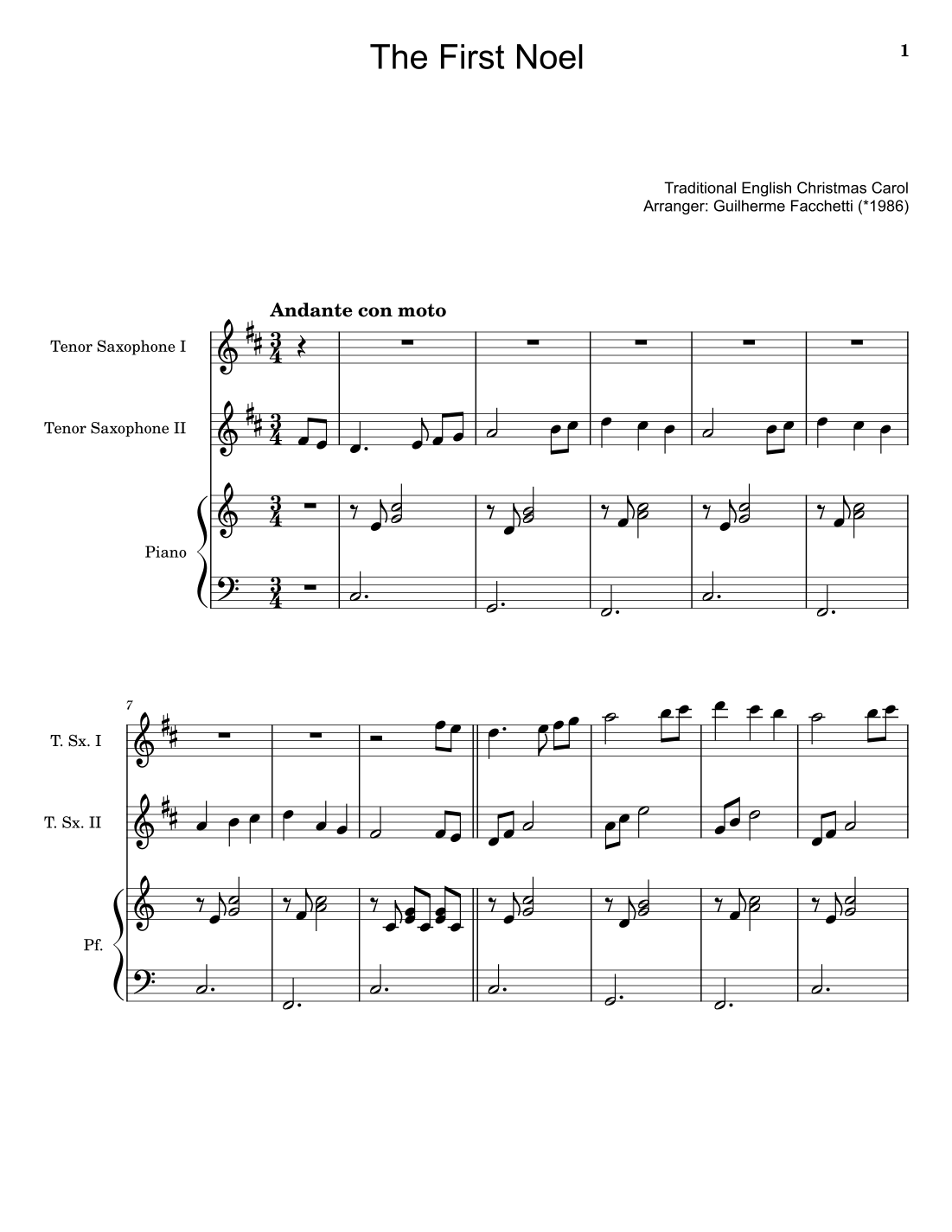 The First Noel - T. Sax. Duet and Piano. With Parts. (arr. Guilherme ...