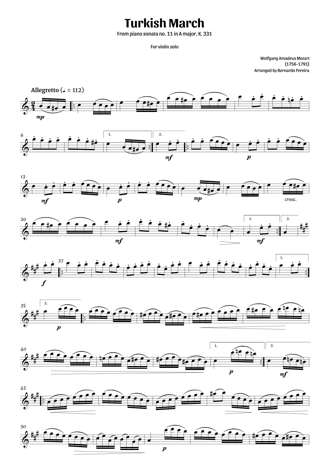 Turkish March (violin solo) (arr. Bernardo Pereira) by Wolfgang Amadeus ...