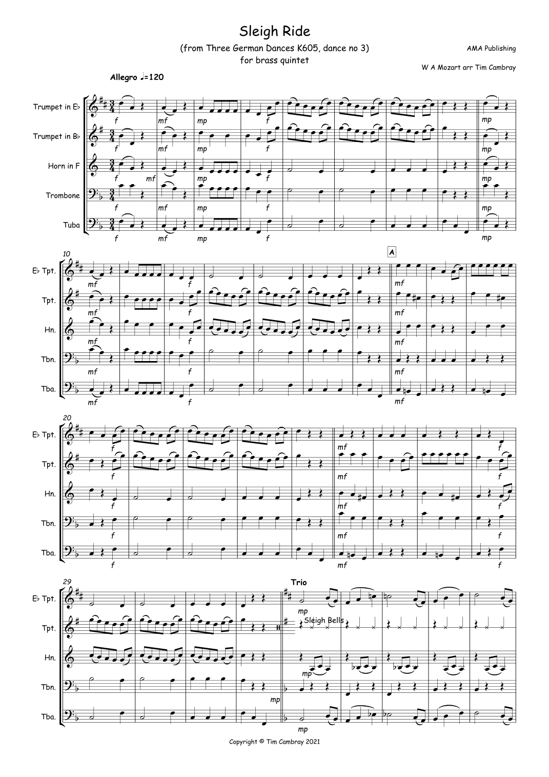 Sleigh Ride (arr. Tim Cambray) by W A Mozart Sheet Music for Brass ...