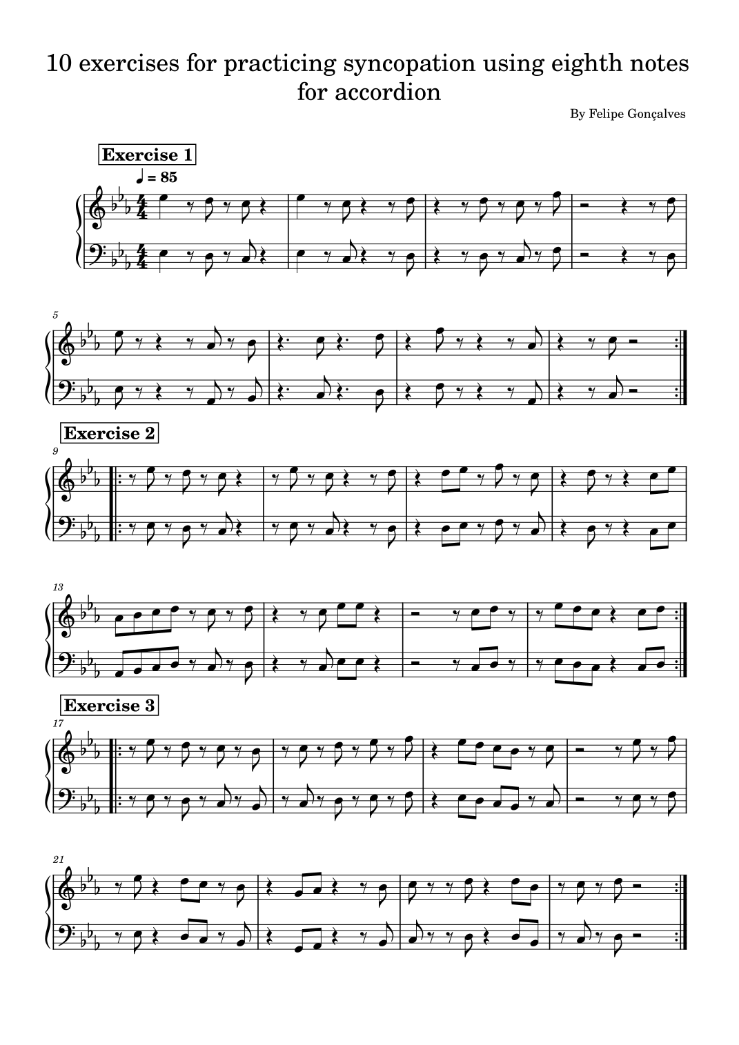 10 exercises for syncopation using eighth notes for accordion in D# ...