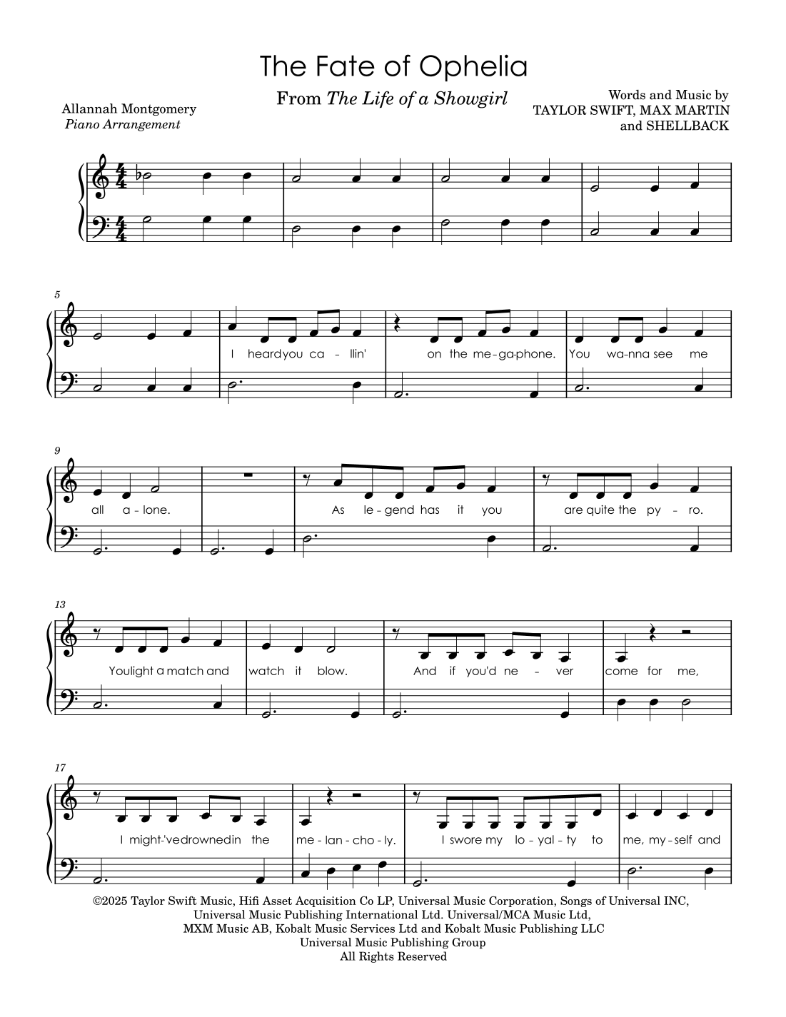 The Fate Of Ophelia (arr. Allannah Montgomery) by Taylor Swift Sheet ...