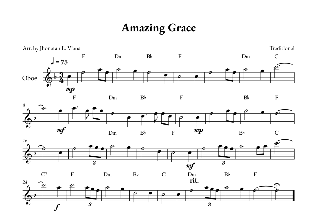 Amazing Grace (arr. Jhonatan Lucio Viana) by Traditional Sheet Music ...