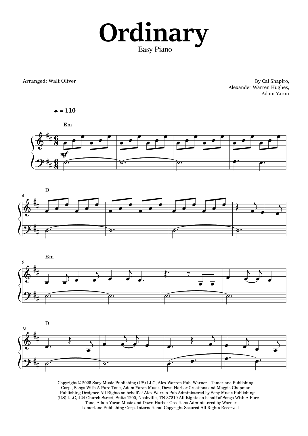 Ordinary (arr. Walt Oliver) por Alex Warren Partituras para Piano Fácil ...
