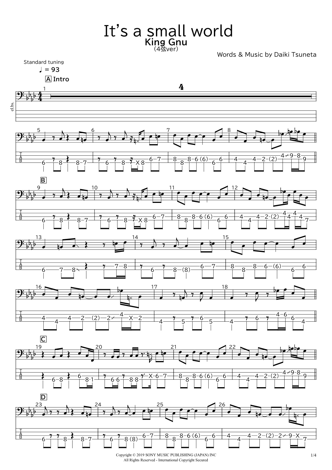 It's A Small World (arr. bassscore.masspro by King Gnu Sheet Music for ...