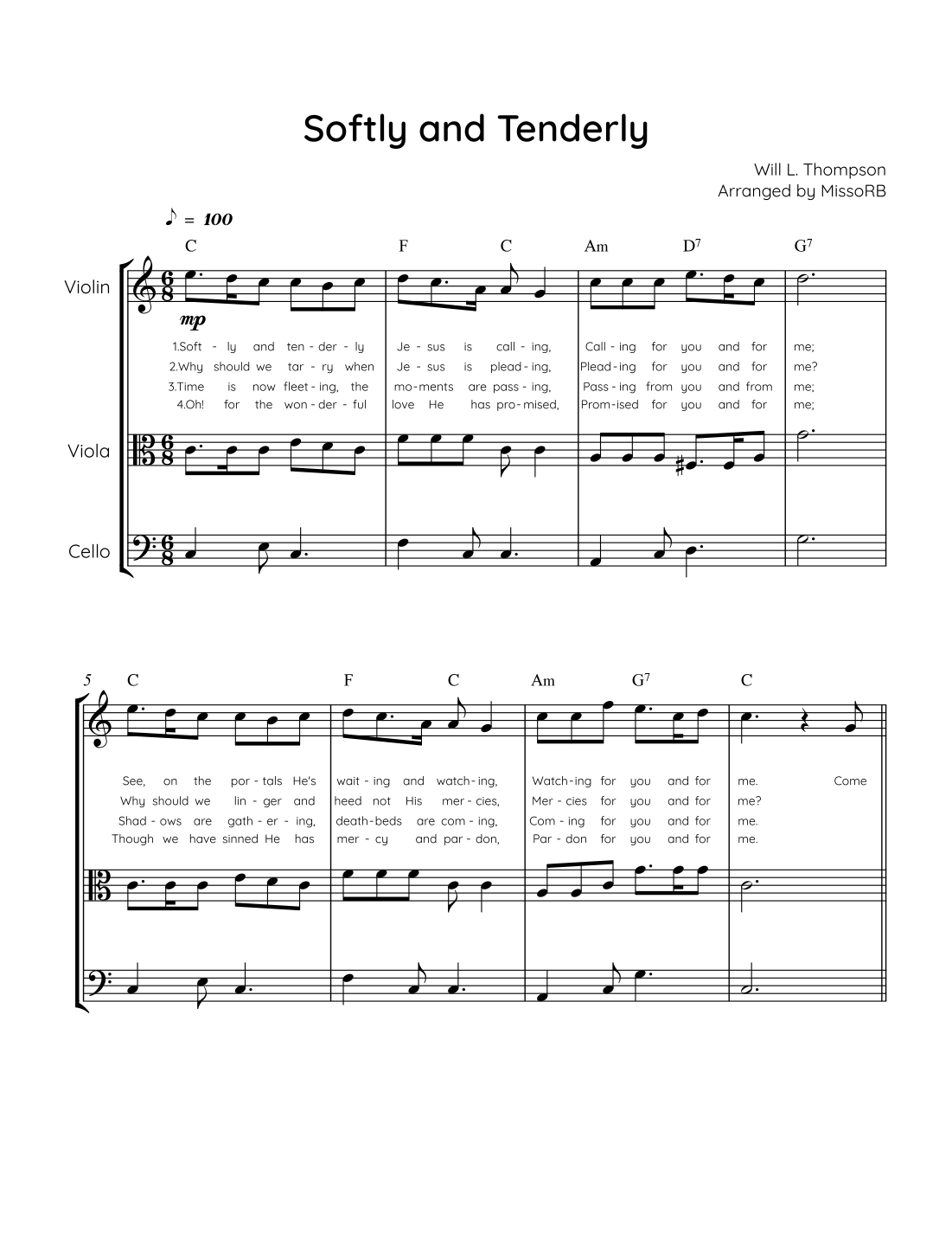 Softly and Tenderly - String Trio in C With Chords & Lyric - Easy (arr ...
