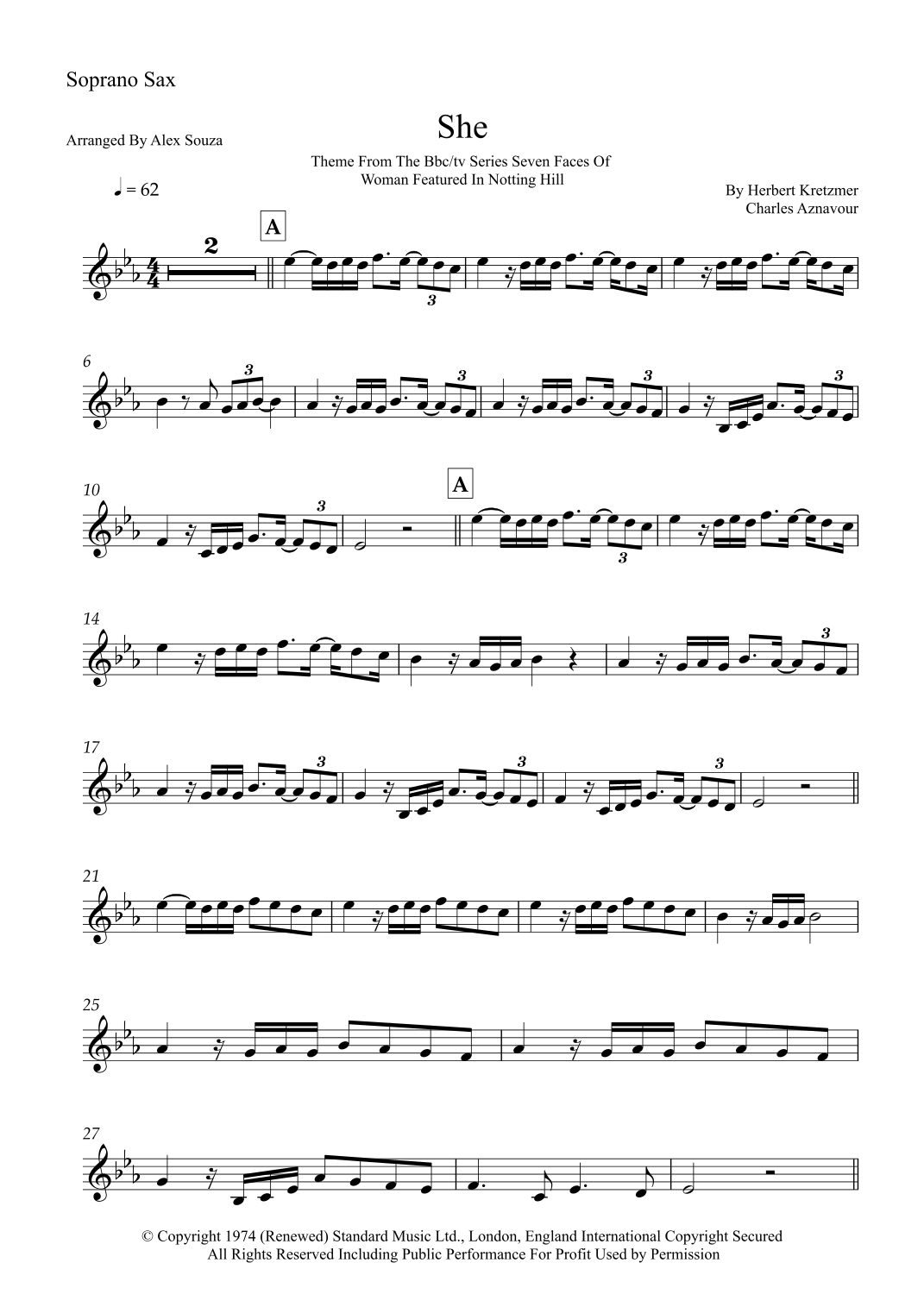 She (arr. Alex Souza) por Elvis Costello Partituras para Solo saxo ...