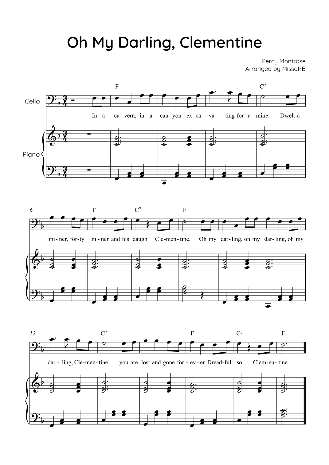 Oh My Darling, Clementine - Cello & Piano in F With Chords & Lyric ...