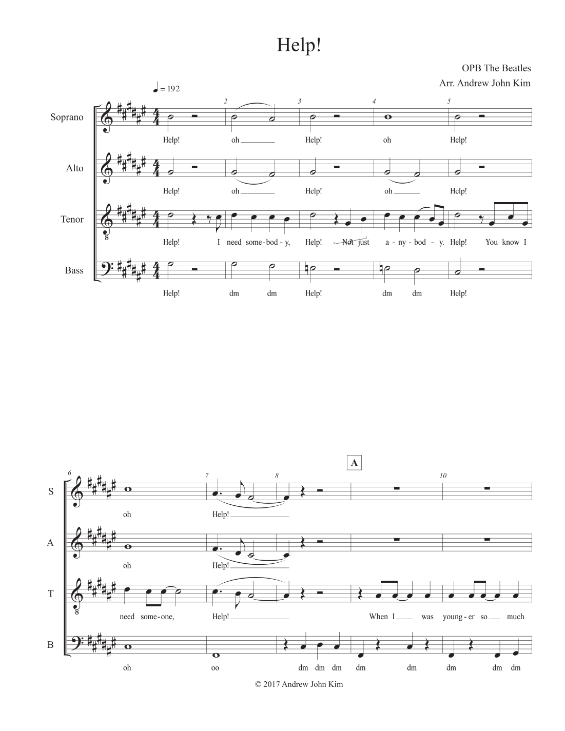 Help! (arr. Andrew John Kim) by The Beatles Sheet Music for SATB Choir ...