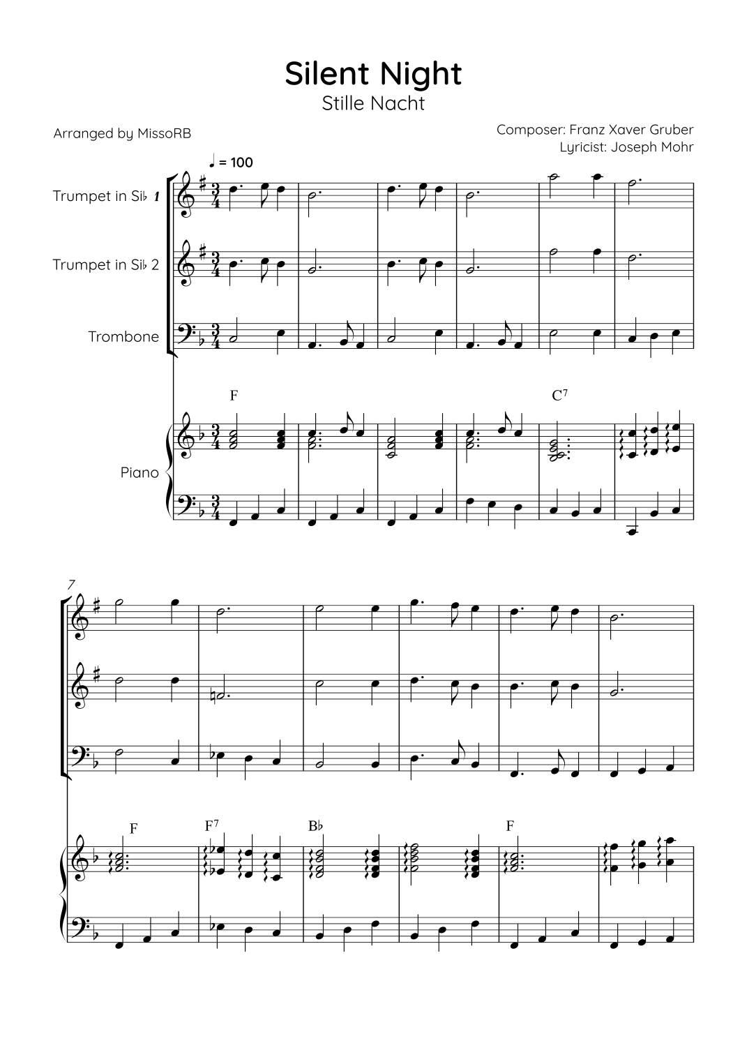 Silent Night" (Stille Nacht) - Duet Trumpet & Piano in F Major With ...